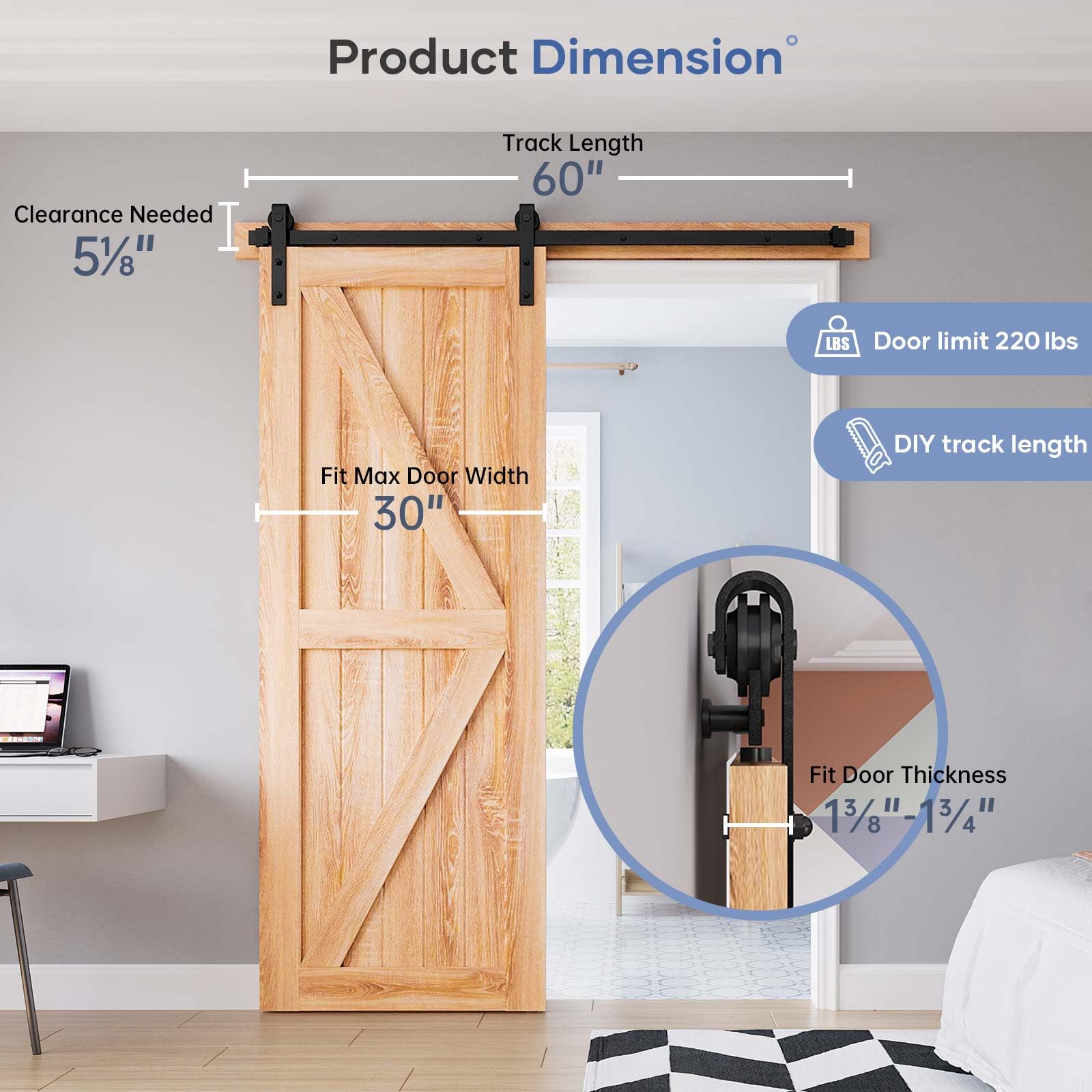 EaseLife 5 FT Heavy Duty Sliding Barn Door Hardware Track Kit,Basic J Pulley,Slide Smoothly Quietly,Easy Install (5FT Track Kit for 26"~30" Wide Single Door)