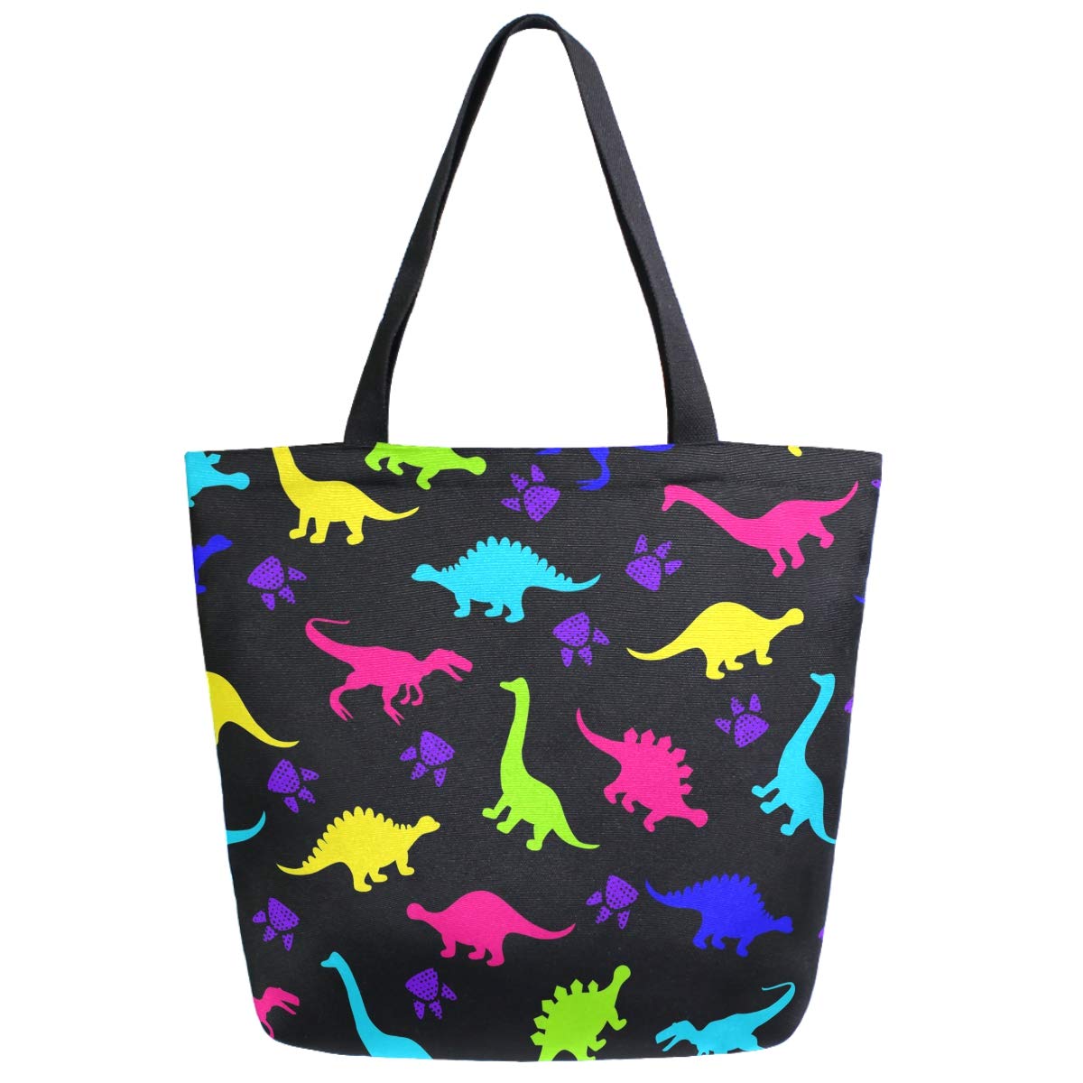 ZzWwR Chic Cartoon Colorful Dinosaurs Footprint Pattern Extra Large Canvas Market Beach Travel Reusable Grocery Shopping Tote Bag Portable Storage HandBags