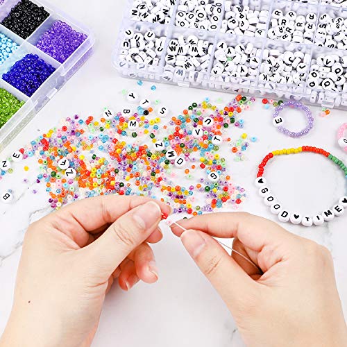 DICOBD Craft Beads Kit 10800pcs 3mm Glass Seed Beads and 1200pcs Letter Beads for Friendship Bracelets Jewelry Making Necklaces and Key Chains with 2 Rolls of Cord