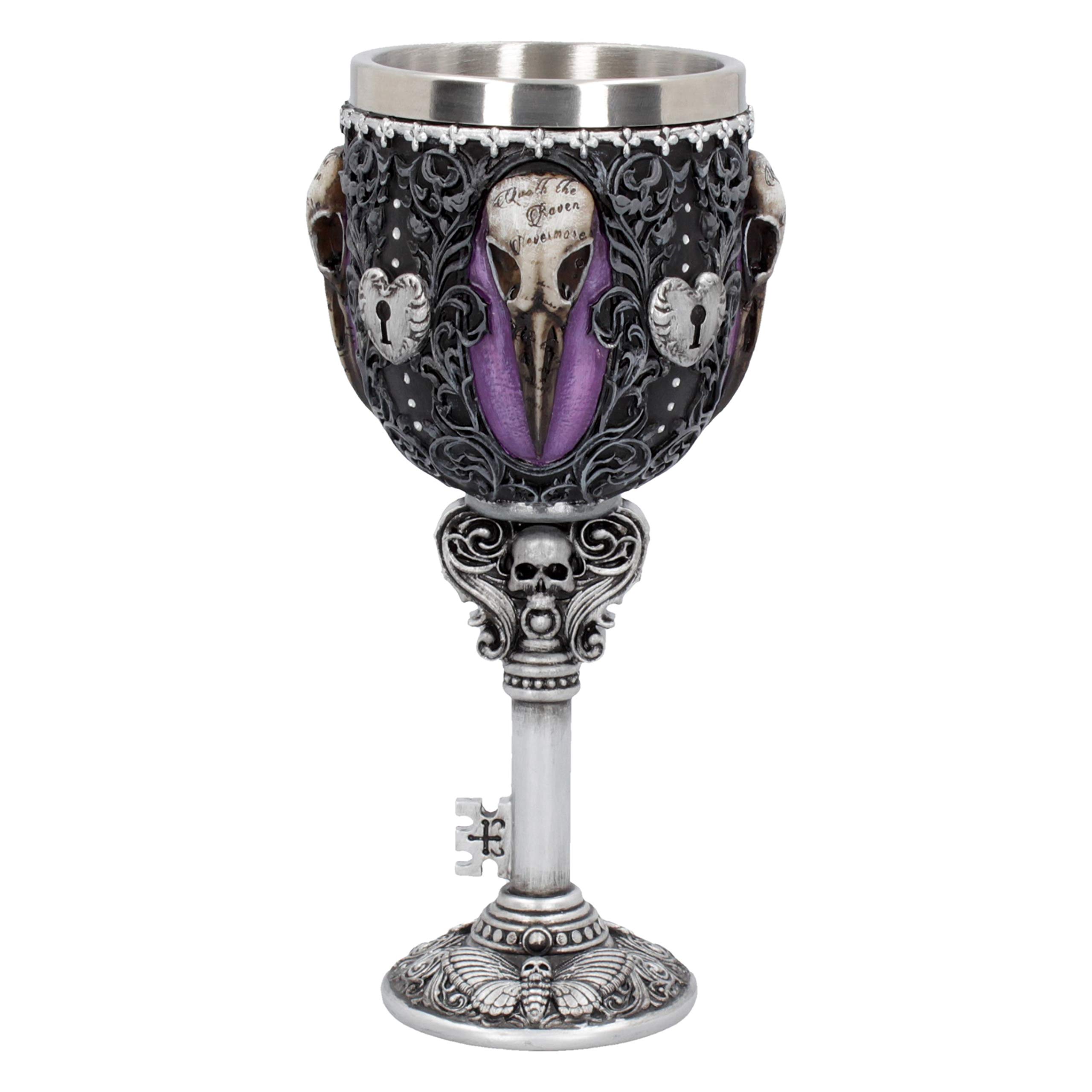 Nemesis Now B4725P9 Edgar's Raven Goblet 18cm, Resin w. Stainless Steel, Purple,silver
