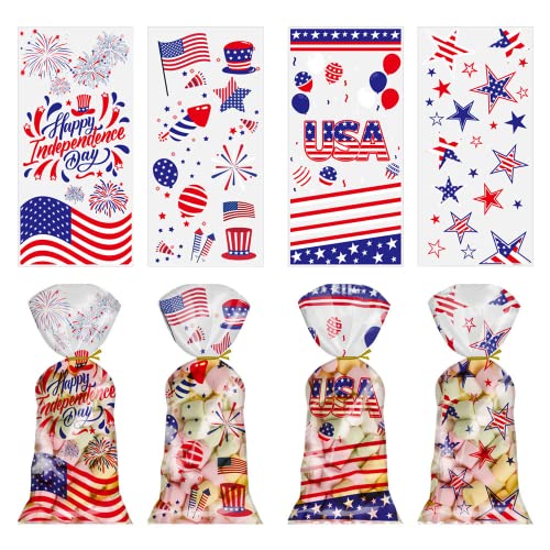 Yaroelrd 100 Pieces Patriotic Cello Bag Independence Day Cellophane Gift Bag with Gold Twist Tie for Independence Day Sports Event Party Decorations 4 Styles