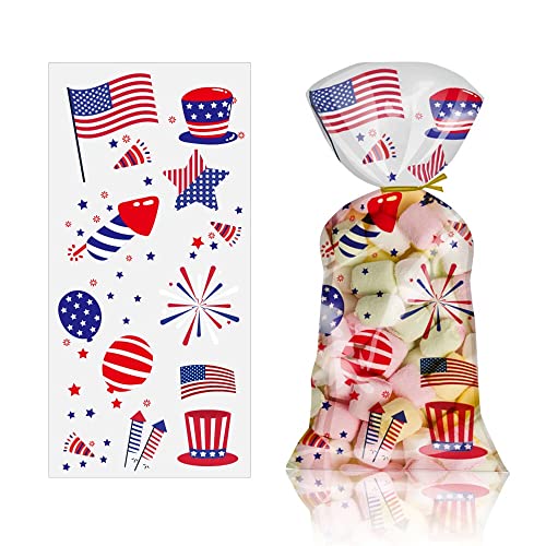 Yaroelrd 100 Pieces Patriotic Cello Bag Independence Day Cellophane Gift Bag with Gold Twist Tie for Independence Day Sports Event Party Decorations 4 Styles