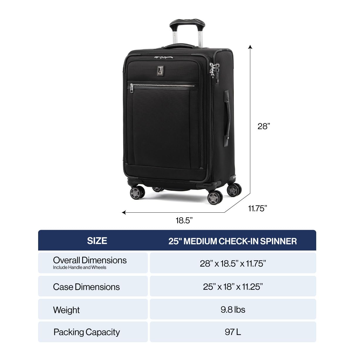 Travelpro Platinum Elite Softside Expandable Checked Luggage, 8 Wheel Spinner Suitcase, TSA Lock, Men and Women, True Navy Blue, Checked Medium 25-Inch