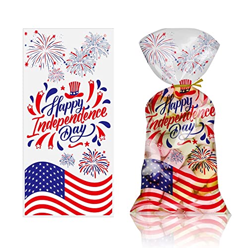 Yaroelrd 100 Pieces Patriotic Cello Bag Independence Day Cellophane Gift Bag with Gold Twist Tie for Independence Day Sports Event Party Decorations 4 Styles