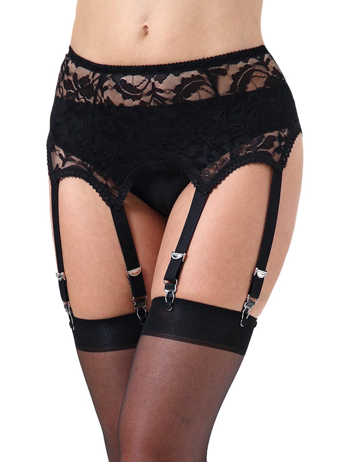 Lace Garter Belt/Suspender Belt with Six Straps Metal Clip for Women's Stockings/Lingerie (Garter Belt Sold Only) (Medium, Black_lace)