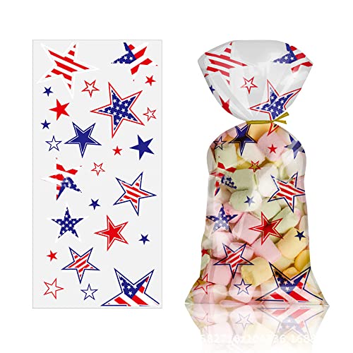 Yaroelrd 100 Pieces Patriotic Cello Bag Independence Day Cellophane Gift Bag with Gold Twist Tie for Independence Day Sports Event Party Decorations 4 Styles