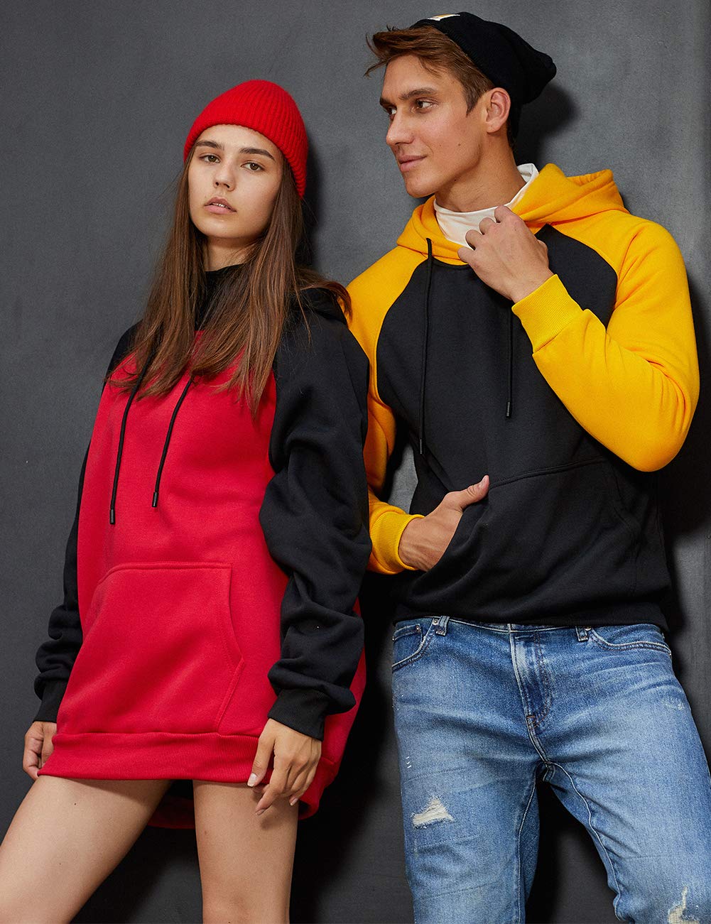 DUOFIER Men Casual Slim Fit Long Sleeve Contrast Raglan Pullover Hoodie Sweatshirt, Light Gray-M