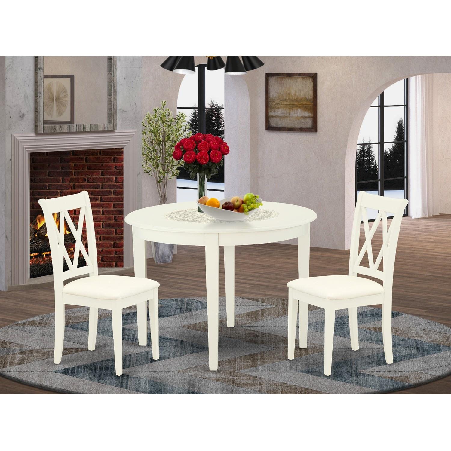 East West Furniture BOCL3-WHI-C 3 Piece Dining Room Table Set Contains a Round Wooden Table and 2 Linen Fabric Kitchen Dining Chairs, 42x42 Inch, Linen White