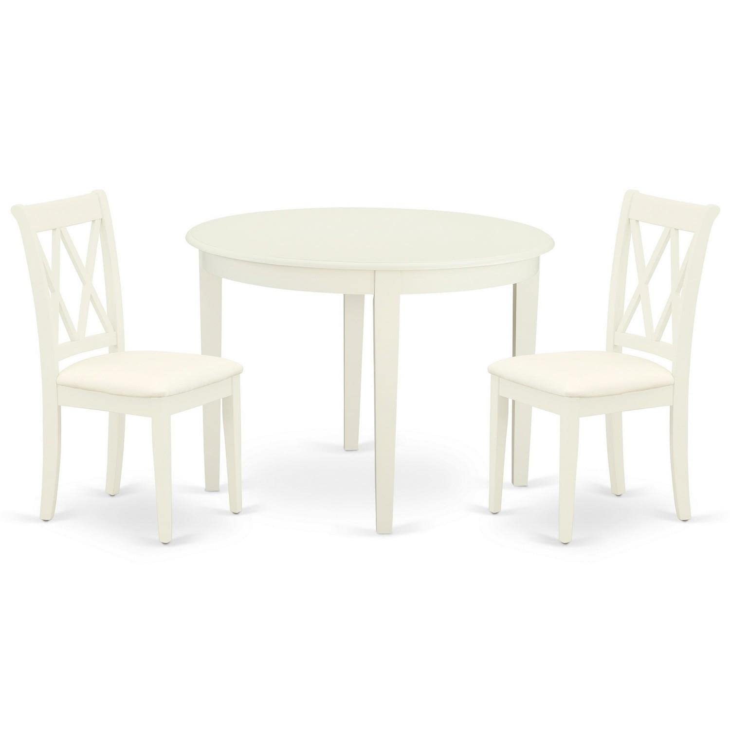East West Furniture BOCL3-WHI-C 3 Piece Dining Room Table Set Contains a Round Wooden Table and 2 Linen Fabric Kitchen Dining Chairs, 42x42 Inch, Linen White