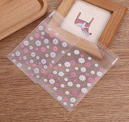HugeDE 200 Pcs 8x10cm Cute Daisy Cello Cellophane Bags OPP Plastic Bags Flat Self Sealing Treat Bags for Bakery Cookies Pink
