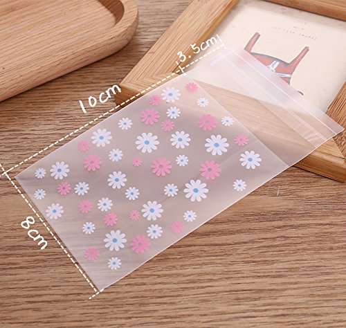 HugeDE 200 Pcs 8x10cm Cute Daisy Cello Cellophane Bags OPP Plastic Bags Flat Self Sealing Treat Bags for Bakery Cookies Pink