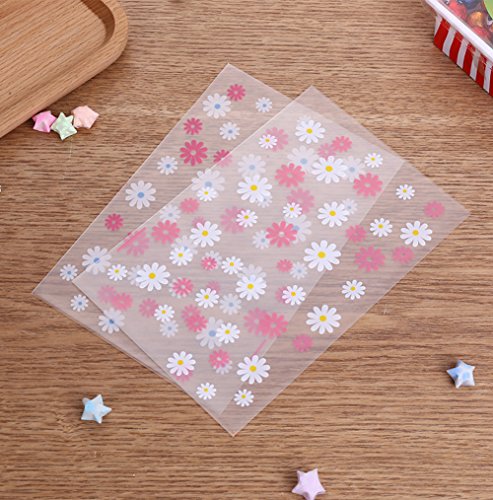 HugeDE 200 Pcs 8x10cm Cute Daisy Cello Cellophane Bags OPP Plastic Bags Flat Self Sealing Treat Bags for Bakery Cookies Pink
