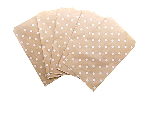 N'icePackaging 100 Qty 6" x 9" Decorative Flat Paper Gift Bags - White Polka-Dot on Brown Kraft Bags - For Sales/Treats/Parties Cookies/Gifts