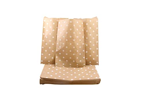 N'icePackaging 100 Qty 6" x 9" Decorative Flat Paper Gift Bags - White Polka-Dot on Brown Kraft Bags - For Sales/Treats/Parties Cookies/Gifts