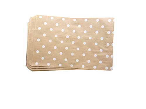 N'icePackaging 100 Qty 6" x 9" Decorative Flat Paper Gift Bags - White Polka-Dot on Brown Kraft Bags - For Sales/Treats/Parties Cookies/Gifts