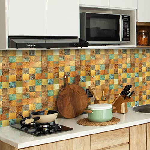 HomeyMosaic Peel and Stick Backsplash Tile Stick on Kitchen Fireplace Bathroom Plaid in Rust Retro Copper,5-Sheet