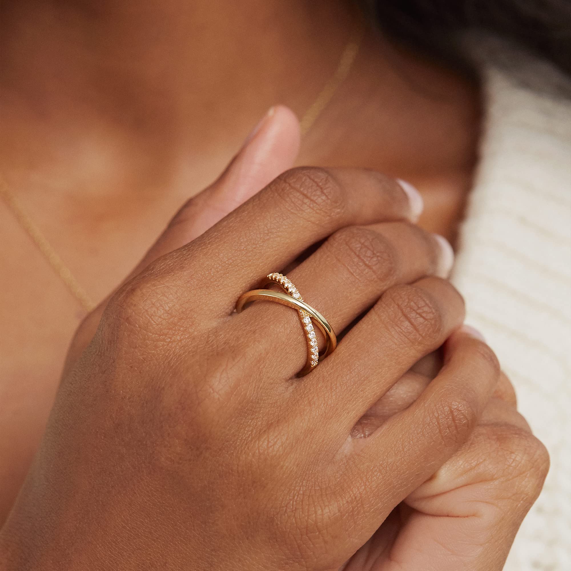 PAVOI 14K Gold Plated X Ring | Simulated Pavé Diamond CZ Criss Cross Ring for Women | Yellow Gold - Size 8
