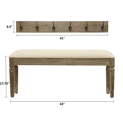 Décor Therapy Waverly Wood Bench with Coat Rack Set, Measures 42x11.8x17.75, Winter White
