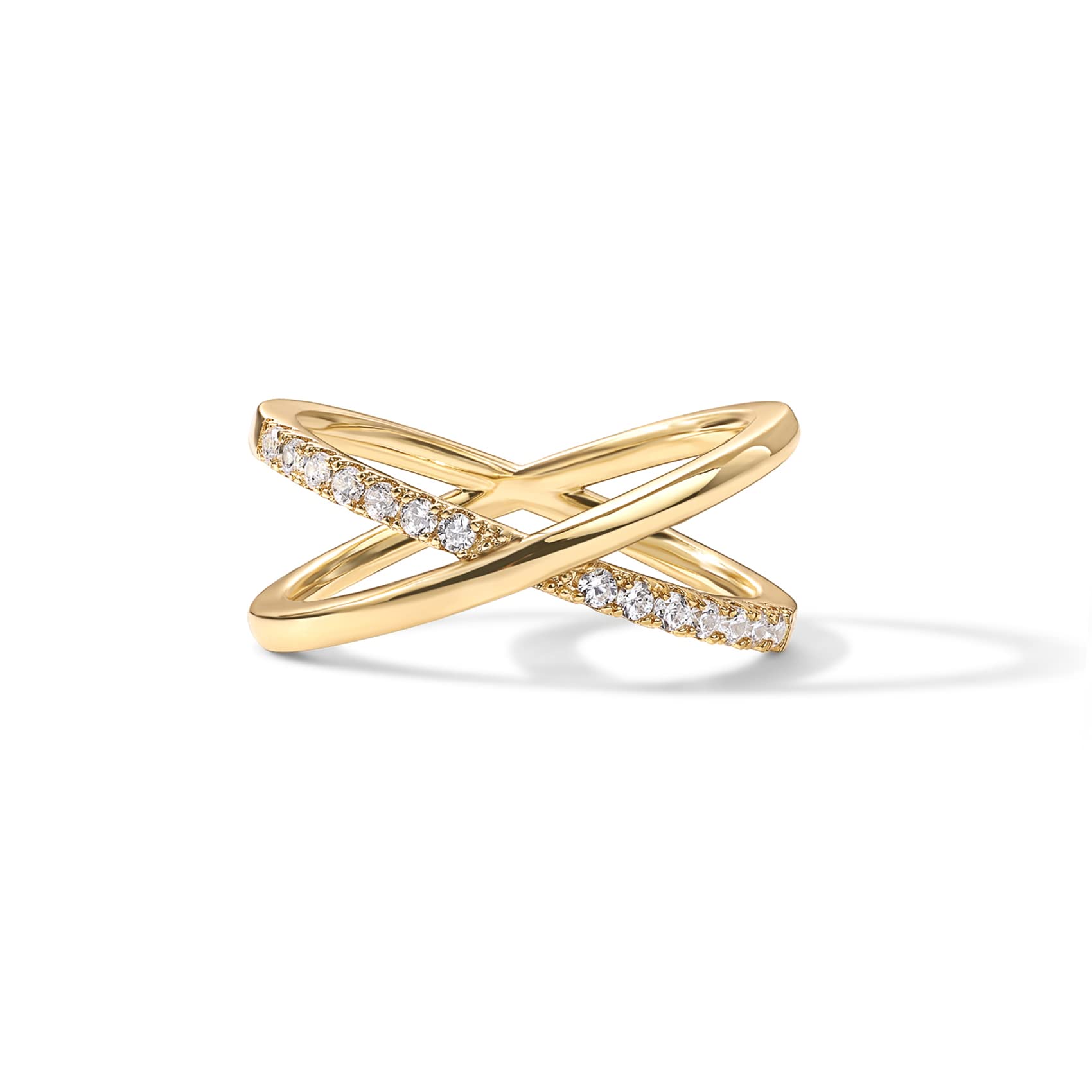 PAVOI 14K Gold Plated X Ring | Simulated Pavé Diamond CZ Criss Cross Ring for Women | Yellow Gold - Size 8