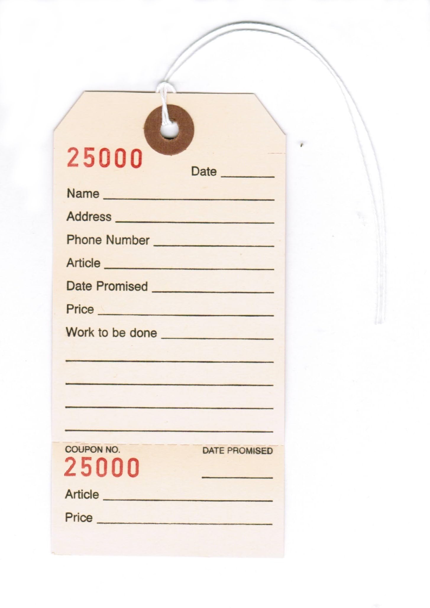 Repair Tag, Manila Cardstock (2.625" x 5.25"), w Tear-Off Claim Check, Black Ink w Sequential Red Numbers, Reinforced Hole w String Attached - Box of 500 Tags