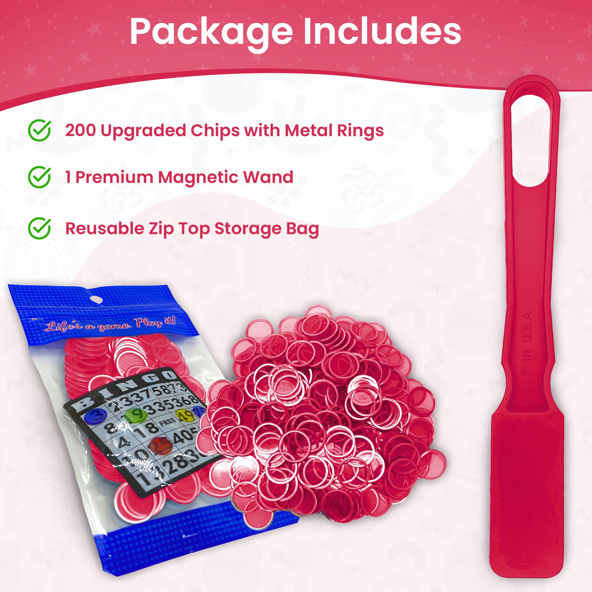 MR CHIPS Made in USA Upgraded Bingo Magnetic Wand & 200 Pieces ¾ Inch Pink Plastic Chips with Metal Rings - Support American Job