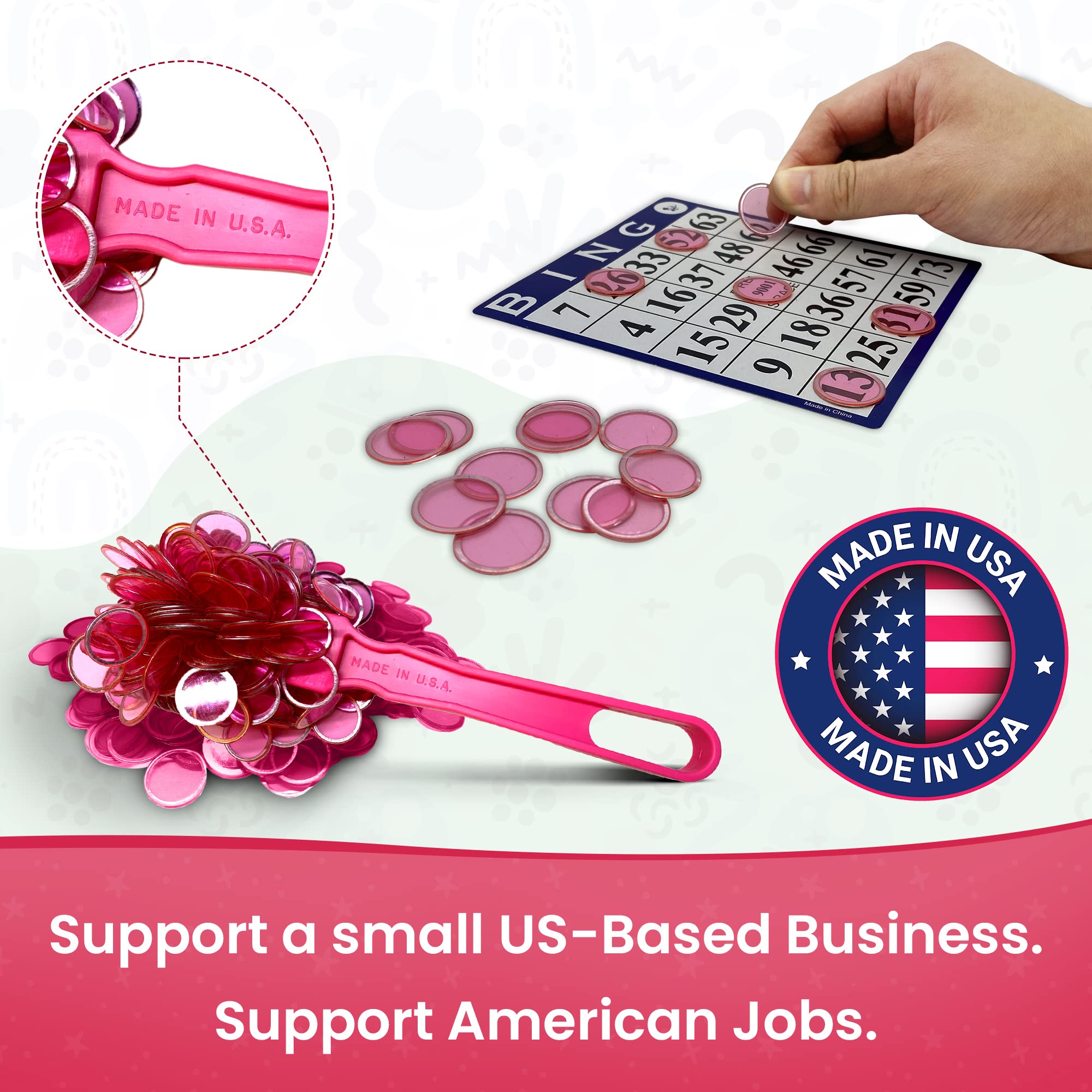 MR CHIPS Made in USA Upgraded Bingo Magnetic Wand & 200 Pieces ¾ Inch Pink Plastic Chips with Metal Rings - Support American Job