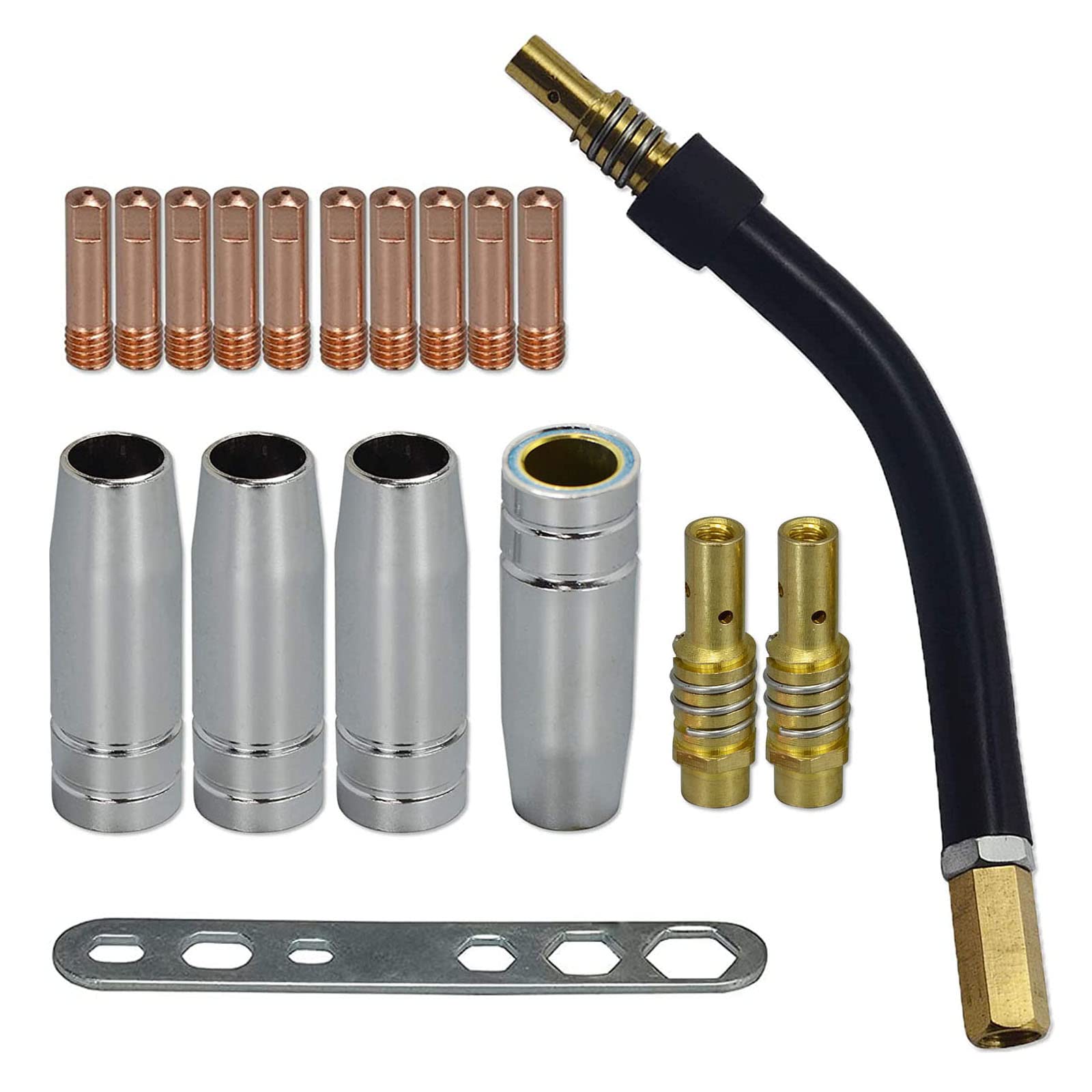 RIVERWELD MIG MAG Contact Tips .030" 0.8mm M6 140.0059 & Tips Holder Diffuser Conical Gas Nozzle Shield Cups 145.0075 & Torch Neck 002.0009 kit for MB15 15AK Welding Torch 18pcs