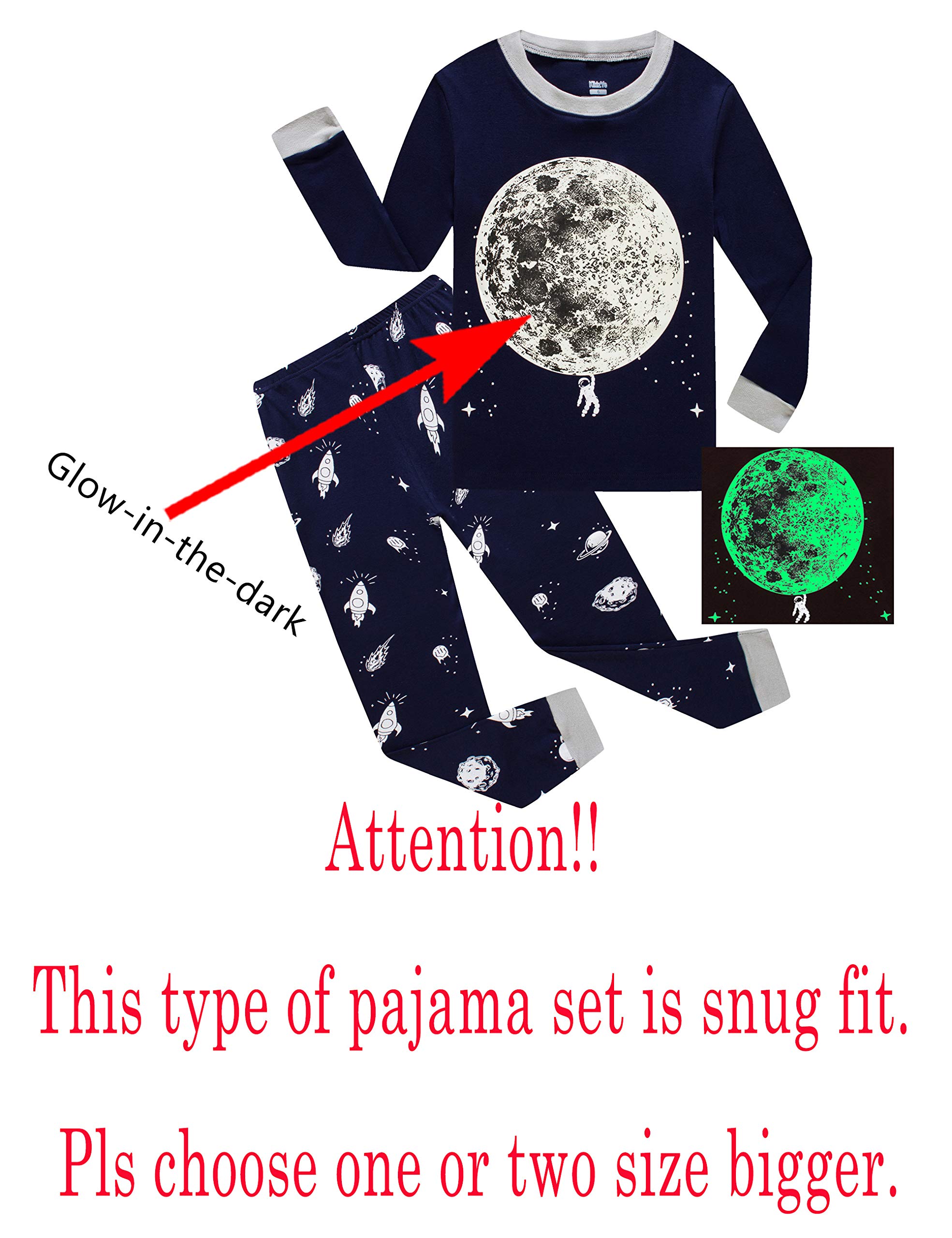 KikizYe Little Boys Glow in the Dark Moon Space Long Sleeve Pajamas 100% Cotton Sleepwear Size 6