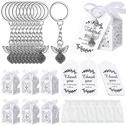 120 Pieces Baptism Favor Set of Angel Key Chains Baptism Favor Boxes White Organza Bags with Thank You Tags for Wedding Baptism Baby Shower Christmas Party Gift