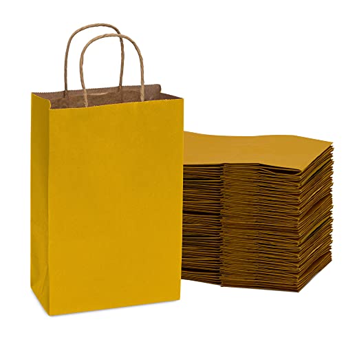 Craft Bags with Handles - 6x3x9 100 Pack Mini Yellow Gift Bag, Kraft Paper Shopping Totes for Small Business, Retail, & Boutique Merchandise, Gift Wrap & Goodie Bags, Wedding Favor Bags, in Bulk