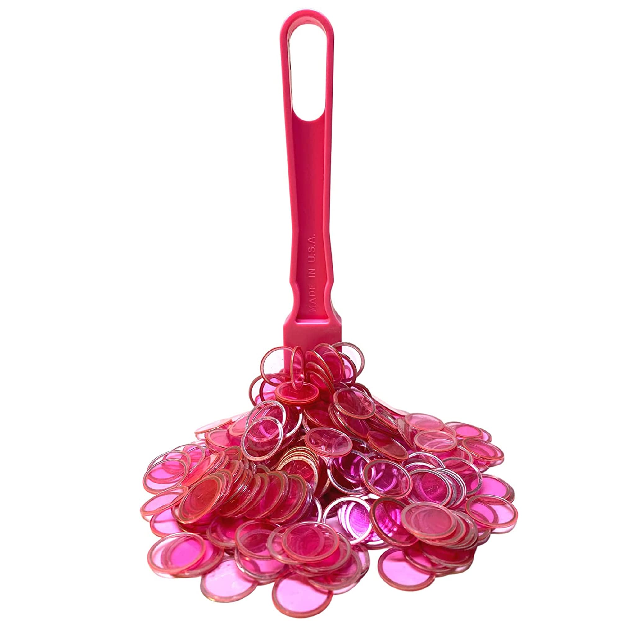 MR CHIPS Made in USA Upgraded Bingo Magnetic Wand & 200 Pieces ¾ Inch Pink Plastic Chips with Metal Rings - Support American Job