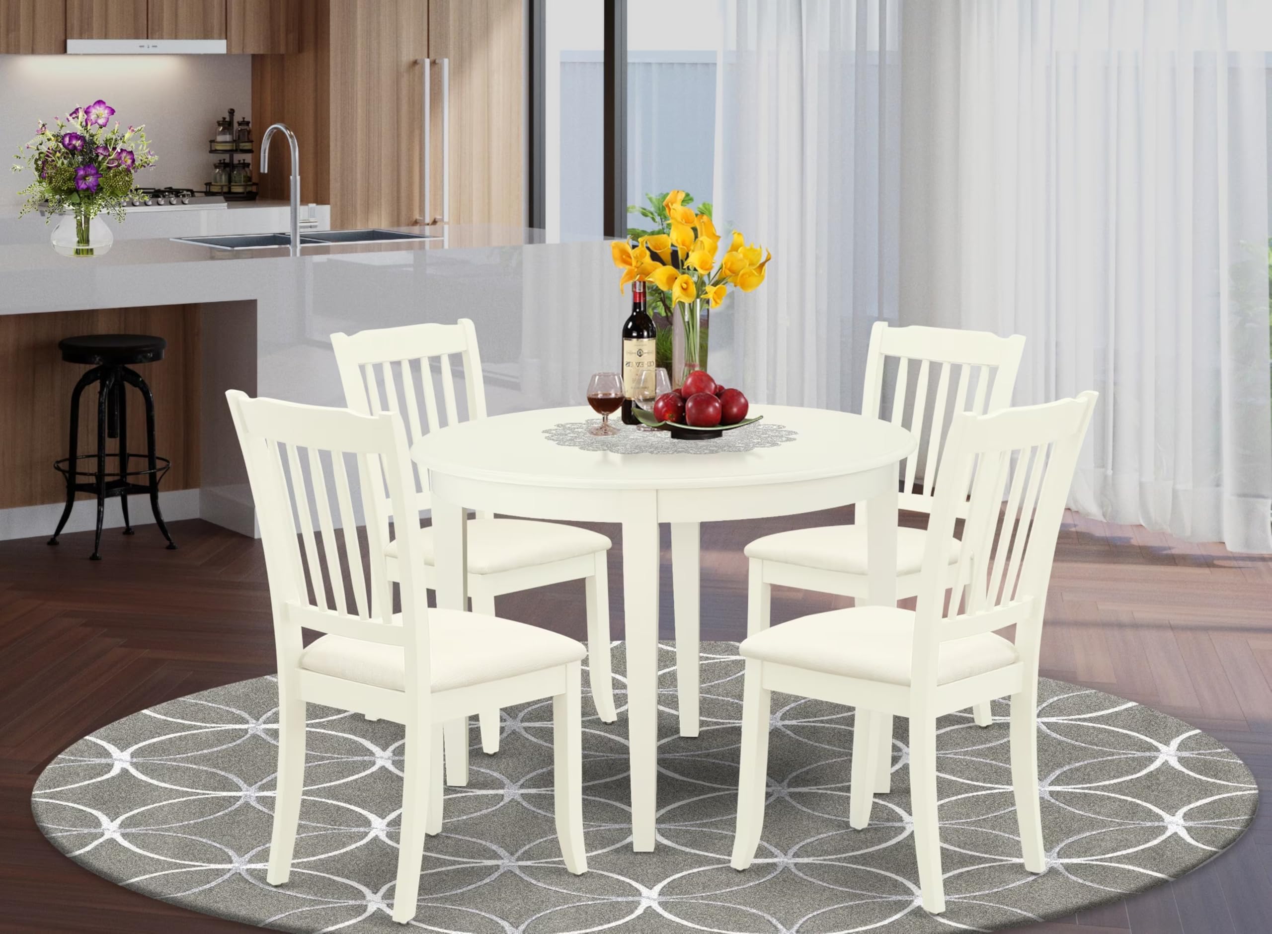 East West Furniture BODA5-WHI-C 5 Piece Dinette Set for 4 Includes a Round Kitchen Table and 4 Linen Fabric Upholstered Dining Chairs, 42x42 Inch, Linen White