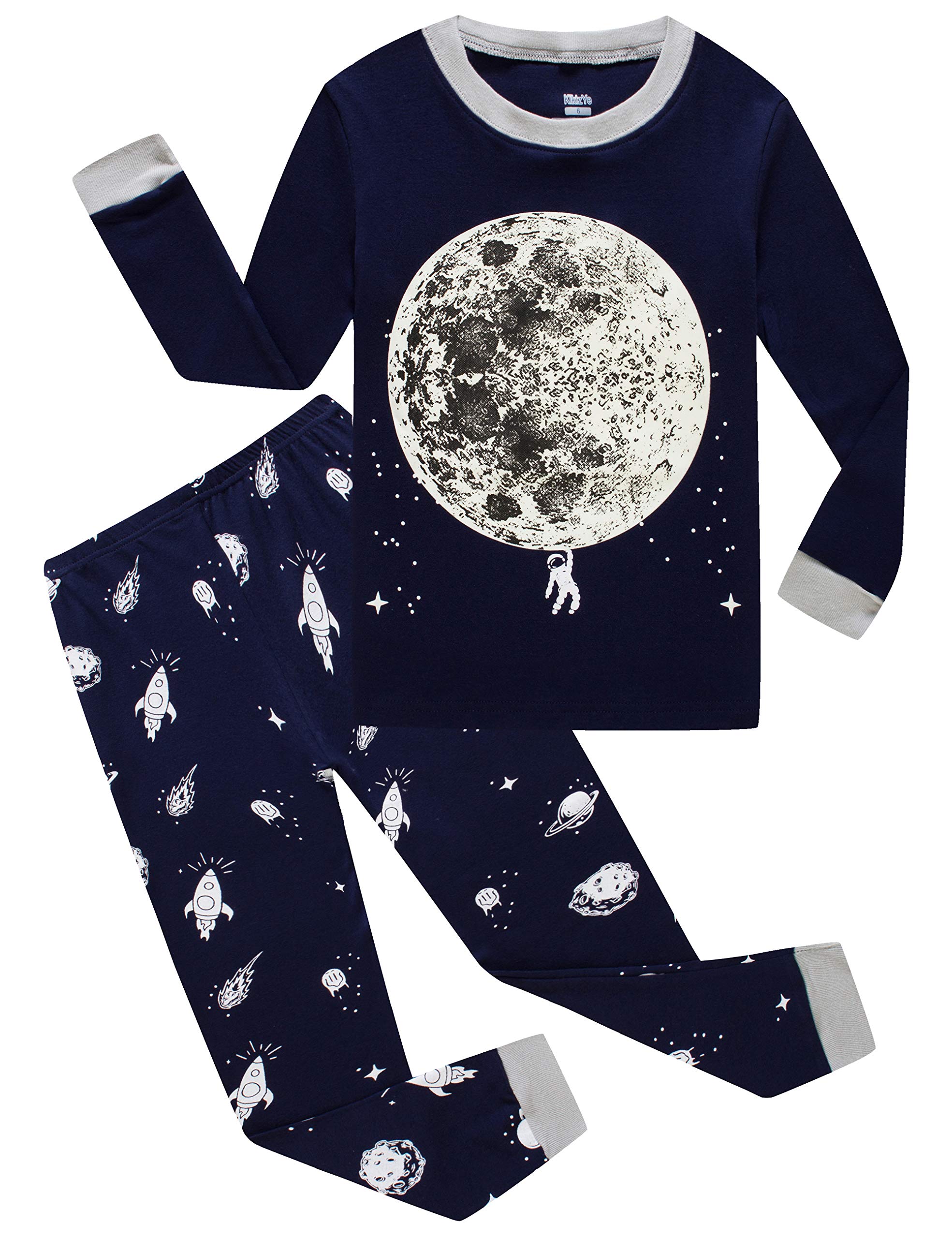 KikizYe Little Boys Glow in the Dark Moon Space Long Sleeve Pajamas 100% Cotton Sleepwear Size 6