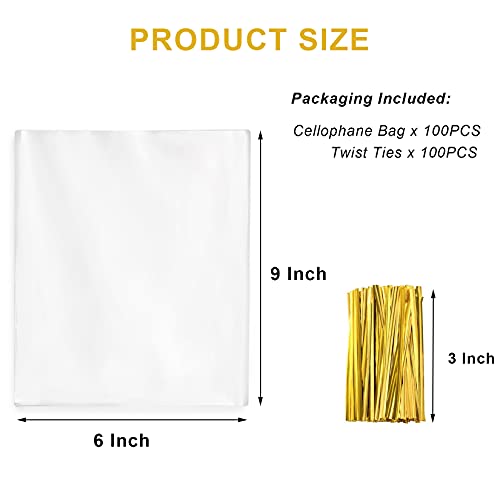 Yotelab Cellophane Treat Bags, 6x9 Inches Clear Cellophane Bags With Twist Ties