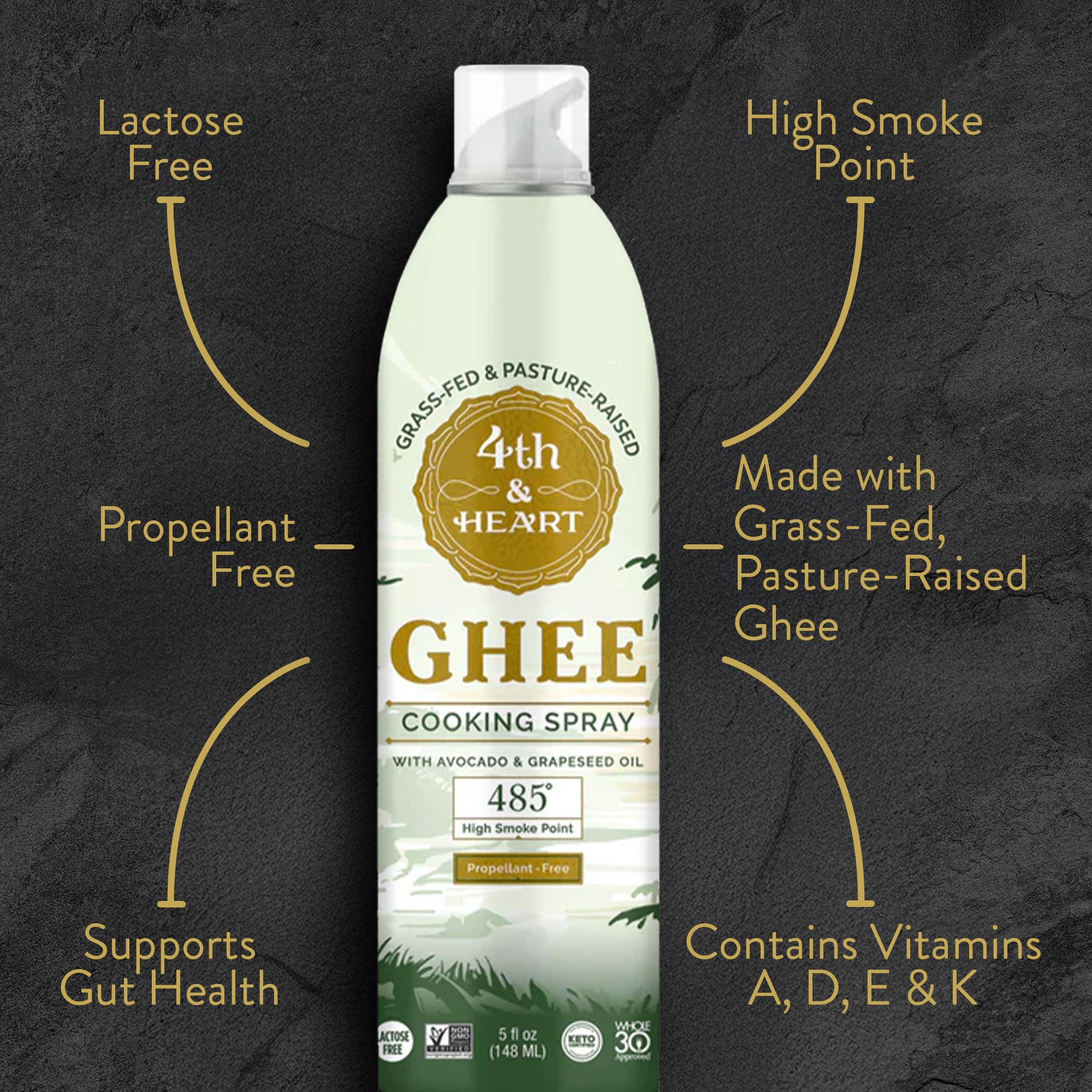 4th & Heart Original Ghee Oil Non-Stick Cooking Spray, Made with Grass-Fed, Pasture-Raised Ghee, Keto, Lactose-Free, Certified Paleo Baking Spray (5oz)