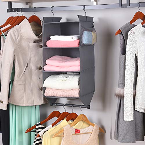MAX Houser 3 Tier Shelf Hanging Closet Organizer with Garment Rod 2 Side Pockets, 3-Shelves Hanging Sweater Organizer (Grey)