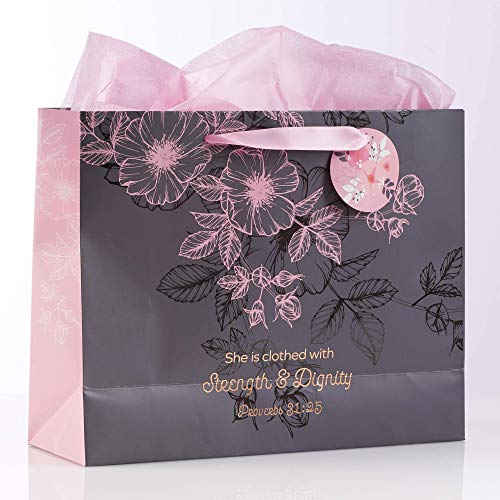 Christian Art Gifts Landscape Gift Bag and Tissue Paper Set - Strength and Dignity - Proverbs 31:25 Inspirational Bible Verse, Pink/Grey Floral, Large