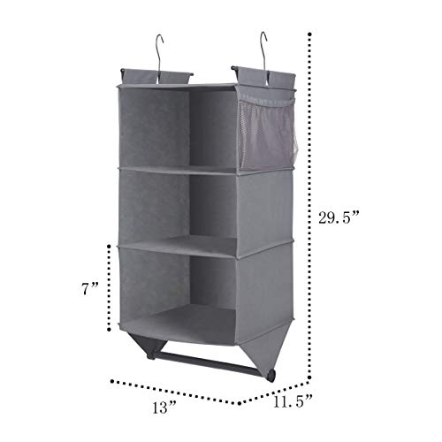 MAX Houser 3 Tier Shelf Hanging Closet Organizer with Garment Rod 2 Side Pockets, 3-Shelves Hanging Sweater Organizer (Grey)