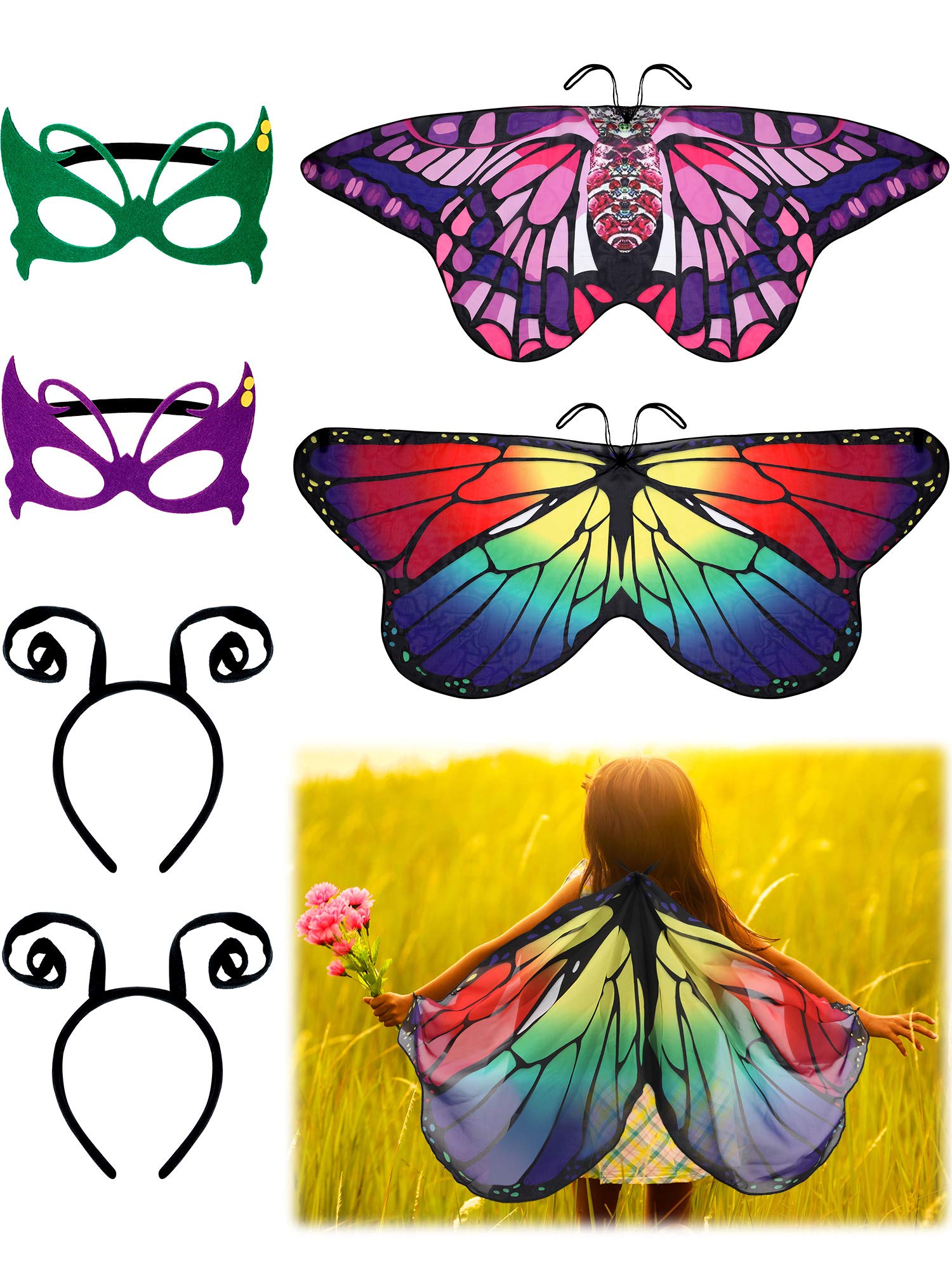 Gejoy 6 Pieces Butterfly Cloak Costume with Mask Antenna Headband for Kids Halloween Party (Colorful Style)