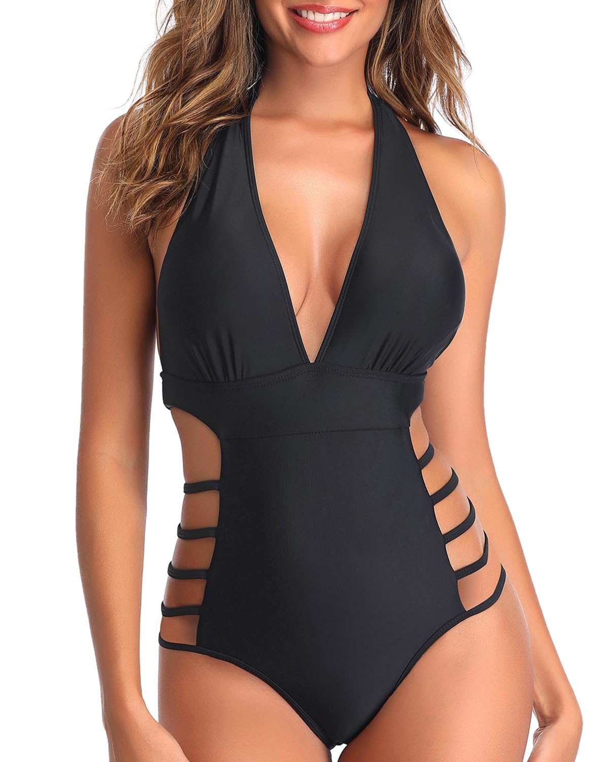 Tempt Me Women One Piece Swimsuits Sexy Cutout Bathing Suits Plunge Halter Swimwear Deep V Neck Monokini L Black