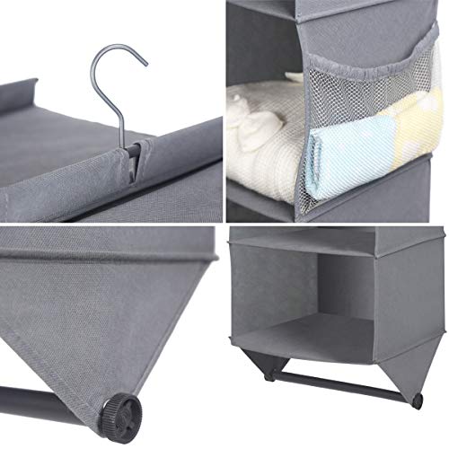 MAX Houser 3 Tier Shelf Hanging Closet Organizer with Garment Rod 2 Side Pockets, 3-Shelves Hanging Sweater Organizer (Grey)