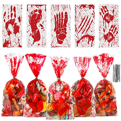 DIYASY Halloween Cellophane Candy Bags, 150 Pack Treat Goodie Bags for Kids Plastic Goody Snack Bag Bulk Party Favors with 180 Twist Ties