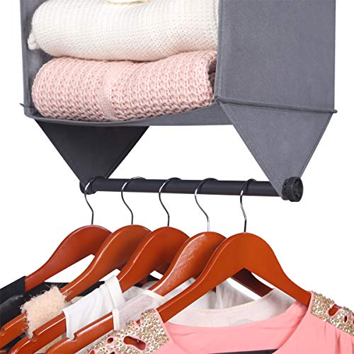 MAX Houser 3 Tier Shelf Hanging Closet Organizer with Garment Rod 2 Side Pockets, 3-Shelves Hanging Sweater Organizer (Grey)