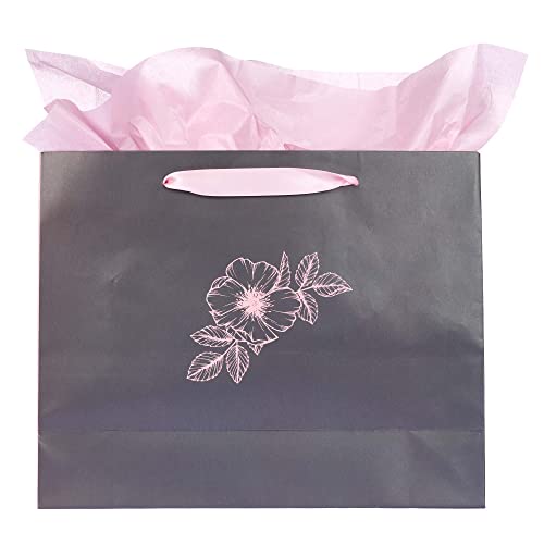 Christian Art Gifts Landscape Gift Bag and Tissue Paper Set - Strength and Dignity - Proverbs 31:25 Inspirational Bible Verse, Pink/Grey Floral, Large