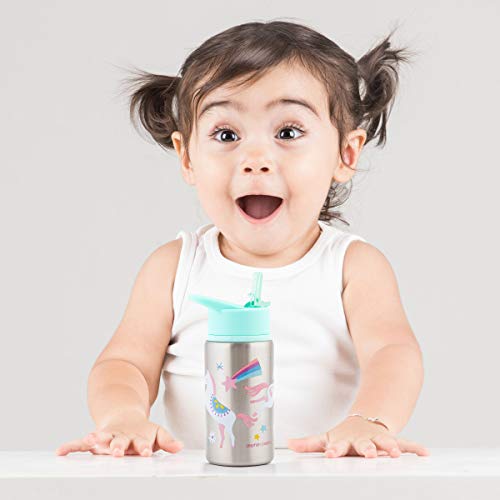 Stephen Joseph Stainless Steel Water Bottles, 18 OZ, Straw lid, Reusable tumbler, Insulated, Unicorn