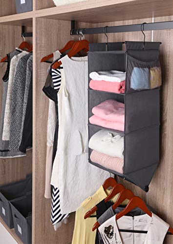 MAX Houser 3 Tier Shelf Hanging Closet Organizer with Garment Rod 2 Side Pockets, 3-Shelves Hanging Sweater Organizer (Grey)