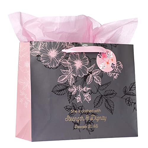 Christian Art Gifts Landscape Gift Bag and Tissue Paper Set - Strength and Dignity - Proverbs 31:25 Inspirational Bible Verse, Pink/Grey Floral, Large