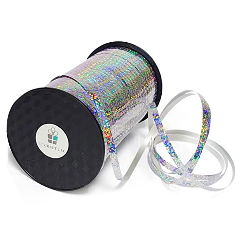 CT CRAFT LLC Poly Holographic Curling Ribbon Shiny Balloon Roll 5mm x 500m x 1R – Silver for Gift Box Wrapping Florist Flowers, Party Birthday Decorations, Festival Art Craft, Christmas Decor