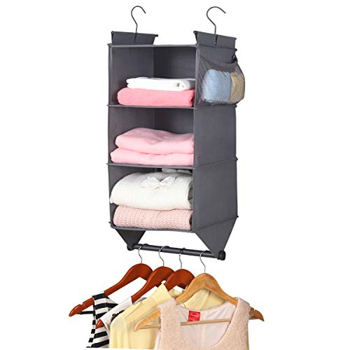 MAX Houser 3 Tier Shelf Hanging Closet Organizer with Garment Rod 2 Side Pockets, 3-Shelves Hanging Sweater Organizer (Grey)