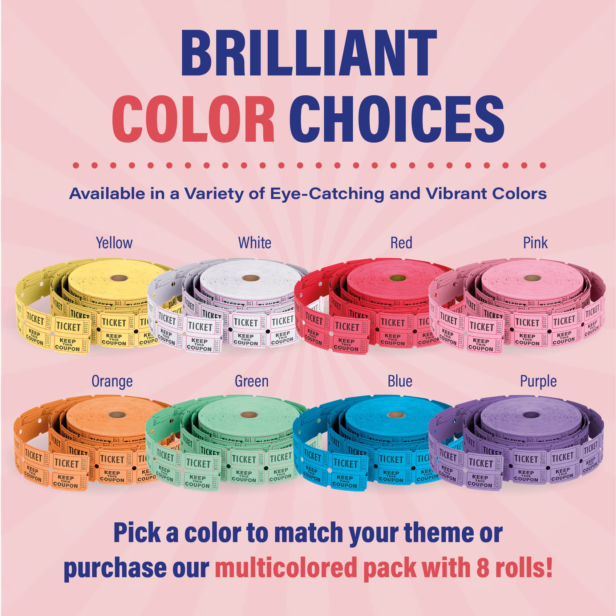 50/50 Raffle Tickets Double Roll - Bulk Box of 8 Colors - 2000 Ticket Count Per Roll - Easy Tear Away Stubs for Contact Info - Raffle Drum Tickets Roll for Drinks, Carnival, Chinese Auction, Events